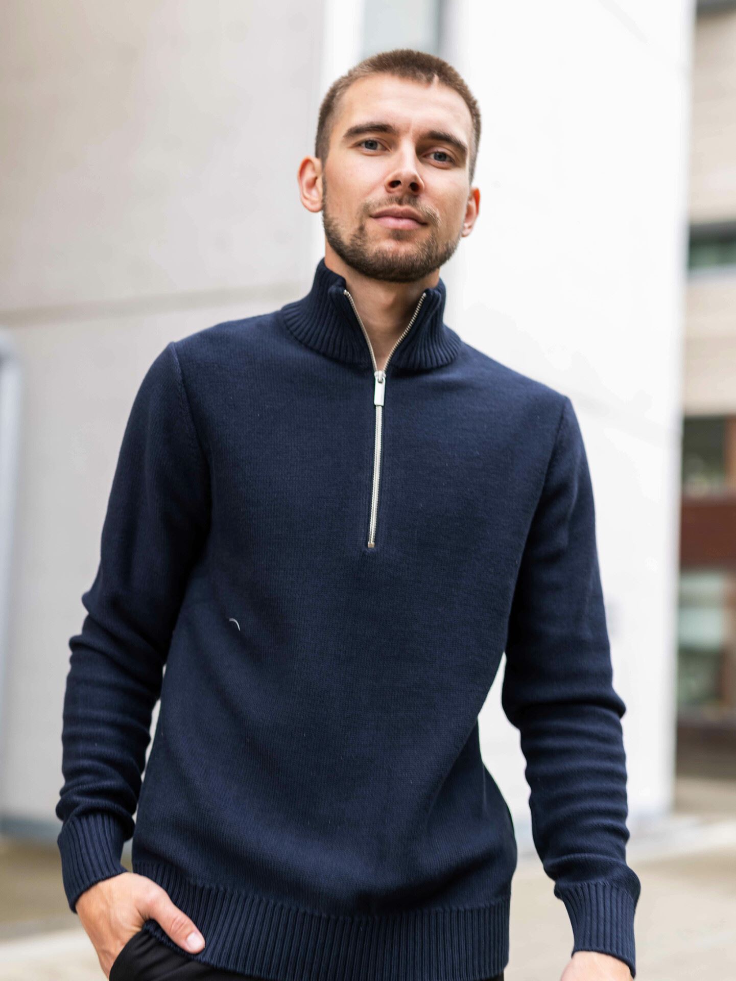 Selected Homme Axel Long Sleeve Knit Half Zip - Blå | Getinspired.no